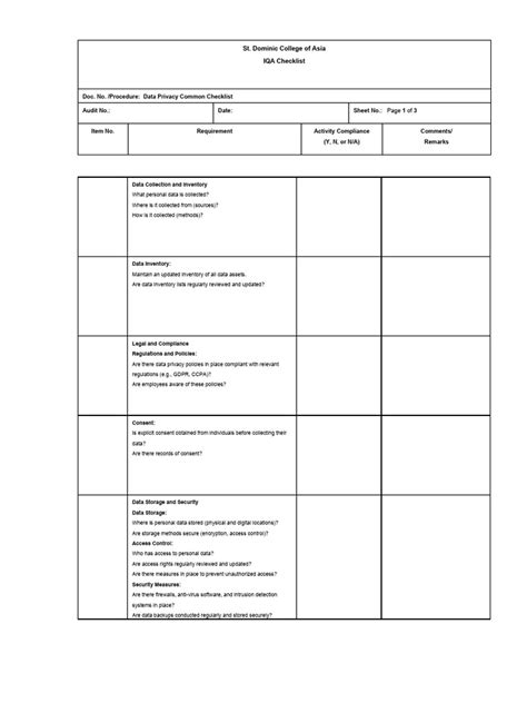 Data Privacy Checklist Pdf Privacy Information Privacy