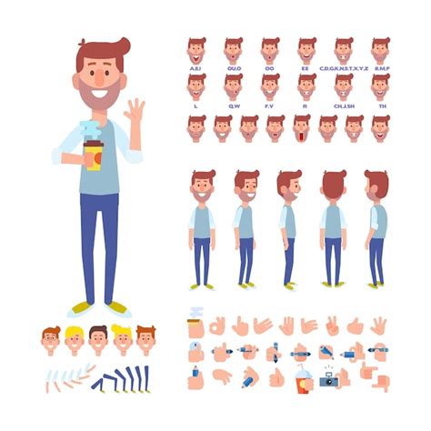 Мальчик парень для анимации с различными прическами эмоциями и жестами Премиум векторы