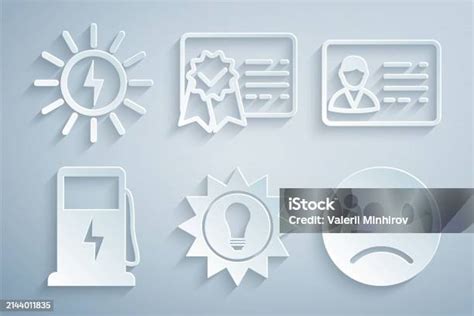 태양 에너지 패널 식별 배지 전기 자동차 충전소 슬픈 미소 인증서 템플릿 및 아이콘을 설정합니다 벡터 3차원 형태에 대한 스톡 벡터 아트 및 기타 이미지 Istock