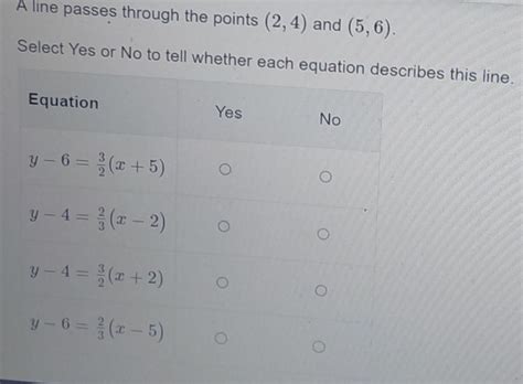 a line passes through the points 2 4 and 5 6 select yes or no to