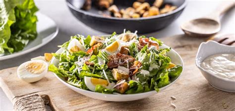 Caesar Salad Prepared From Romaine Lettuce Baked Bacon Egg Bread