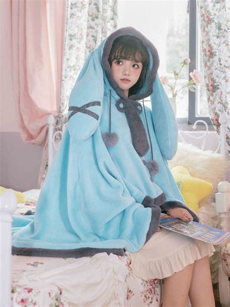 Blue Oversized Bunny Ears Hood Fleece Cloak