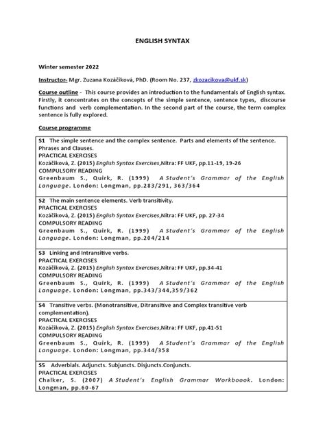 Syntax Syllabus Winter 22 Pdf Clause Syntax