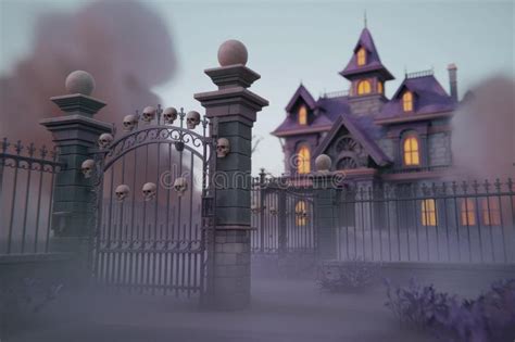 Eerie Gothic Mansion Skull Gate Fog Halloween Marketing Spooky