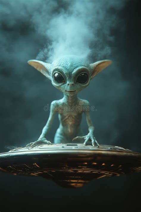 Mysterious Alien Figure Appears Aboard A Spacecraft Surrounded By Fog In A Dimly Lit Environment