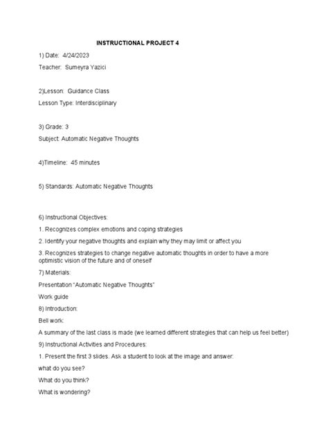 Instructional Project 4 Negative Automatic Thoughts Pdf Thought
