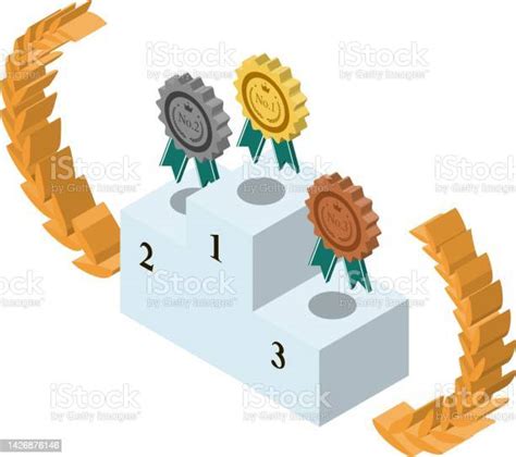 금 은 및 동메달과 연단 월계관 화환 메인 라인 없음의 아이소메트릭 그림 1위에 대한 스톡 벡터 아트 및 기타 이미지 1위