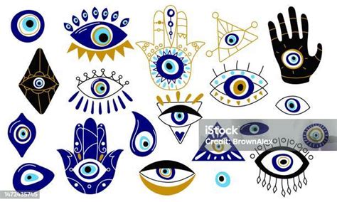 낙서 사악한 눈 만화 전통 터키 행운 부적 현대 스타일 마술 Hamsa 손 부적 영적 밀교 기념품 벡터 세트 기념품에 대한 스톡