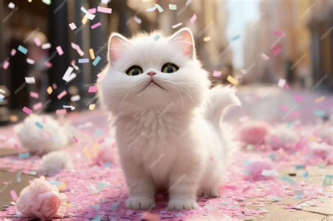 Premium Ai Image Cute Cat On Falling Confetti Background Pixar Style Cartoon Wallpaper