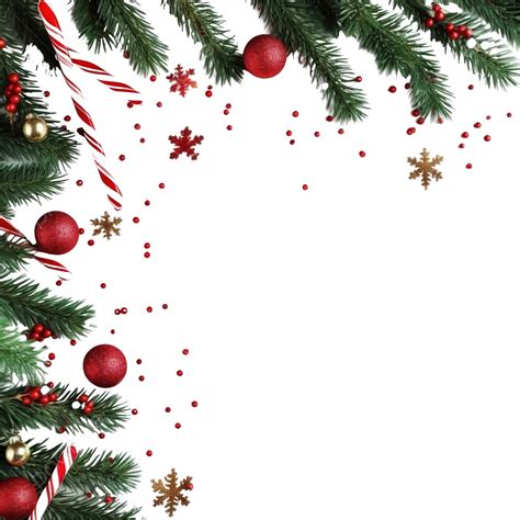 Christmas Fir Tree Branches With Confetti And Xmas Red Balls Pine