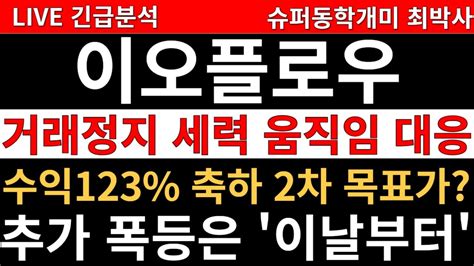 이오플로우 주가전망 거래정지 이후 세력 움직임 포착 분석 완료 수익 123 축하드리며 2차 목표가까지 공개합니다~ 추가 폭등은 거래 재개일로부터 이 날