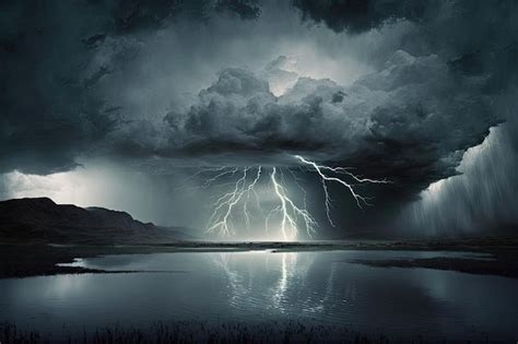 Premium Ai Image A Lightning Bolt Striking Over A Lake Illuminating