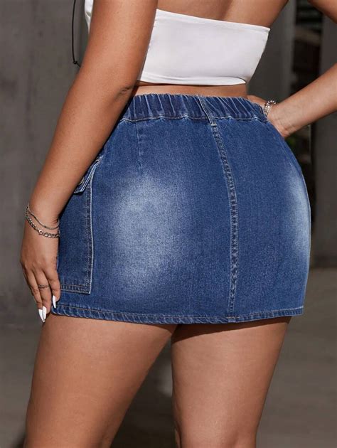 Shein Icon Plus Size Denim Mini Skirt Sexy And Street Style Blue Jean