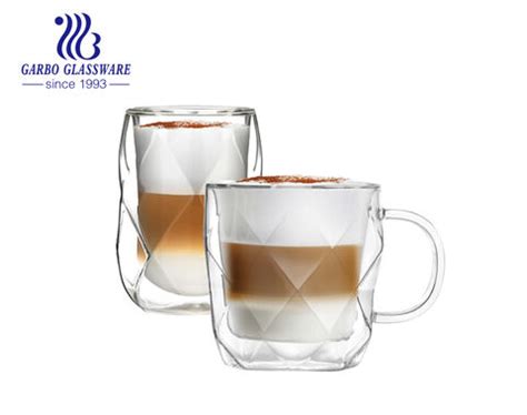 350ML High Borosilicate Double Wall Glass Coffee Milk Mug With Embossed