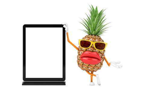 재미 만화 패션 힙스터 컷 파인애플 사람 캐릭터 마스코트 빈 무역 쇼 Lcd 화면 은 당신의 디자인을위한 템플릿으로 스탠드 3d 렌더링 과일에 대한 스톡 사진 및 기타