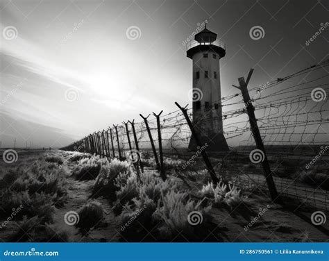 Prison Watchtower Protected By Wire Of Prison Fencewhite Prison Wall