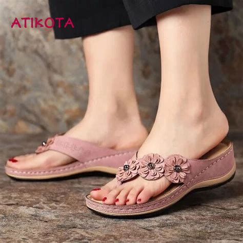 Atikota Handmade Retro Flowers Sandals Women Comfortable Flat Bottom
