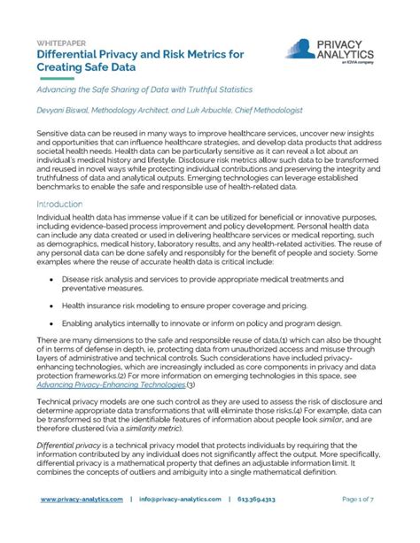 Privacy Analytics Differential Privacy And Risk Metrics For Creating Safe Data