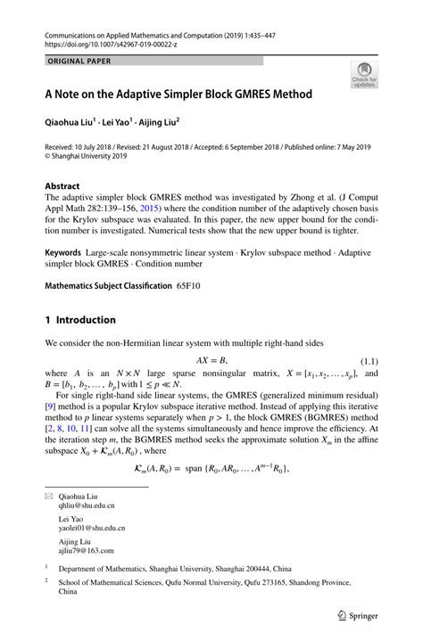 pdf a note on the adaptive simpler block gmres method