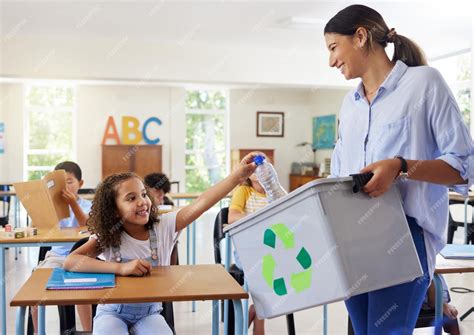 Teacher Recycle Bin And Girl In Classroom Throwing Trash For Cleaning