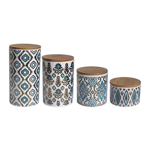 American Atelier Round Blue And Gold Kitchen Ceramic Canisters Set