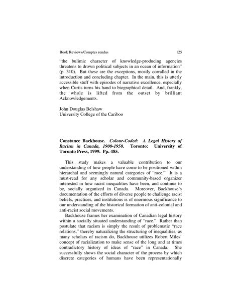 Pdf Constance Backhouse Colour Coded A Legal History Of Racism In Canada 1900 1950 Toronto