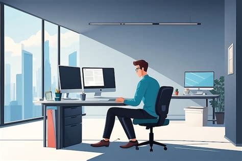 Premium Photo Young Man Working On Computer Business People Sitting At Office Desk Flat Design