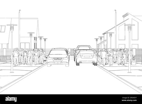 Outline Of A Busy Street With People And Cars From Black Lines Isolated On A White Background