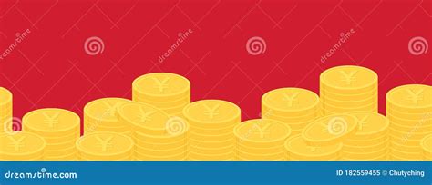 Stack Of Gold Japanese Yen Or Chinese Yuan Coins Bottom Border Seamless