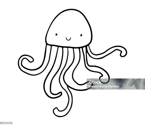 해파리 개요 낙서 그림입니다 귀여운 웃는 유치한 해파리 검은색에 대한 스톡 벡터 아트 및 기타 이미지 검은색 귀여운 그리기 Istock
