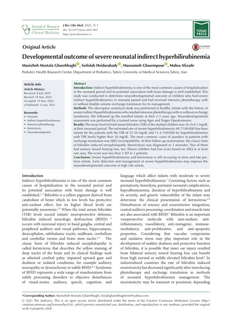 Pdf Developmental Outcome Of Severe Neonatal Indirect Hyperbilirubinemia