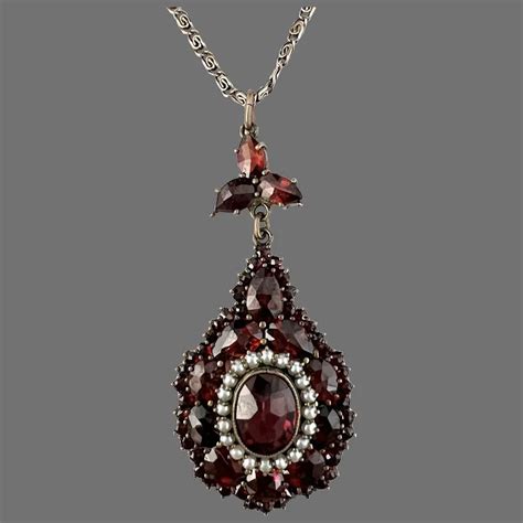 Early 1900s Bohemian Garnet Seed Pearl Pendant Solid Silver Chain
