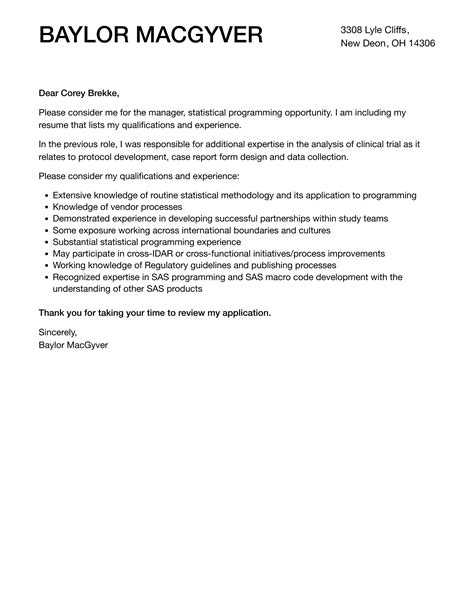 Manager Statistical Programming Cover Letter Velvet Jobs