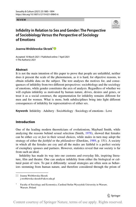 Pdf Infidelity In Relation To Sex And Gender The Perspective Of Sociobiology Versus The