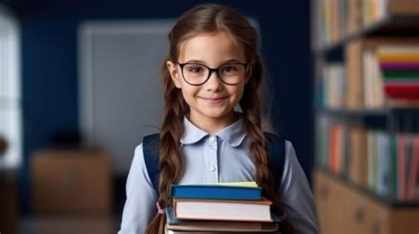 Premium Ai Image A Girl With Glasses Holding A Stack Of Books