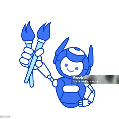 페인트 브러시 벡터 그림을 들고 있는 로봇 만화 로봇 캐릭터 마스코트 일러스트레이션 가공의 인물에 대한 스톡 벡터 아트 및 기타 이미지 가공의 인물 개념 경기 조추첨