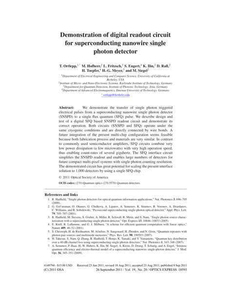 Pdf Demonstration Of Digital Readout Circuit For Superconducting Nanowire Single Photon Detector