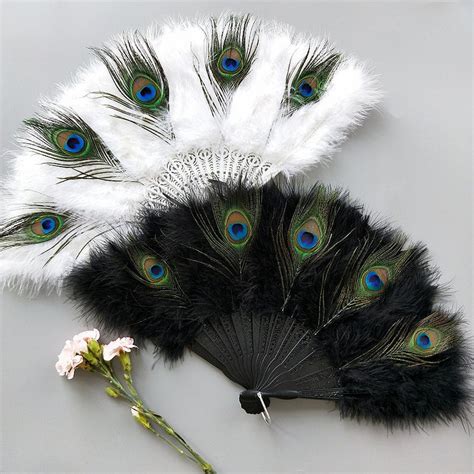 2012 White And Black Peacock Feather Hand Fans Bride Etsy