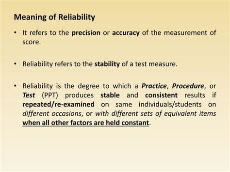 meaning and methods of estimating reliability of test pptx