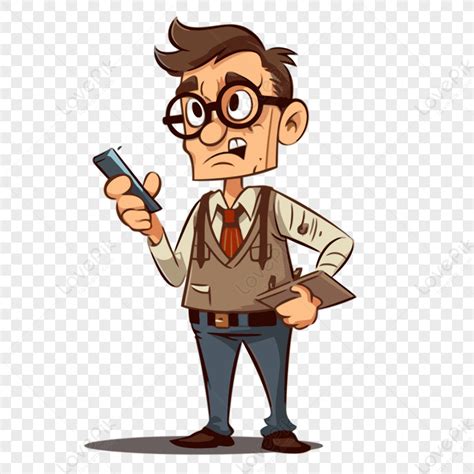 만화 만화 안경 쓴 남자 펜 들고 핸드폰 벡터클립 아트기쁜 Png 일러스트 무료 다운로드 Lovepik