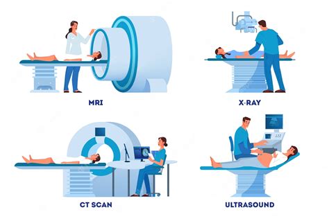Mri 및 X 레이 스캐너 초음파 및 Ct Skan 의사와 신체 검사에 환자 현대 병원 진단 장비 건강 관리 개념
