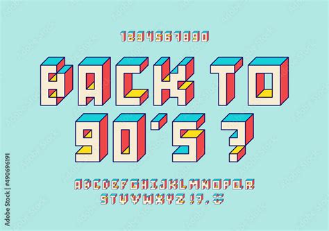 Colorful Isometric 3d alphabet. Retro geometric font. Letters and numbers in the style of 80s ...