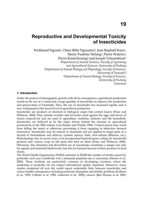Pdf Reproductive And Developmental Toxicity Of Insecticides