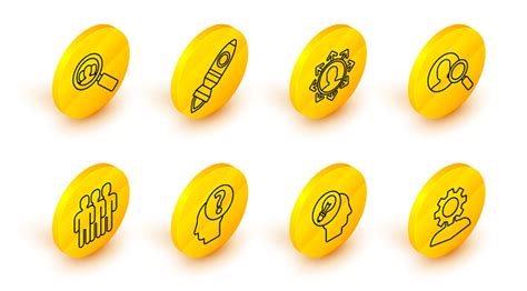 내부에 기어가 있는 인간 헤드 램프 전구 물음표 사용자 그룹 검색 사람들을 위한 돋보기 프로젝트 팀 베이스 로켓 우주선 화재 및 아이콘을 설정합니다 벡터 3차원 형태에 대한