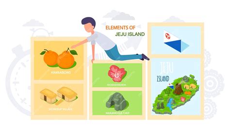 제주 한국 섬 포스터의 요소 한국 여행 아시아 배너의 제주 휴가에 오신 것을 환영합니다 전통적인 랜드마크는 녹색 열대 섬에서