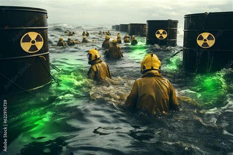 Radioactive Contaminated Water Drums Of Radioactive Waste Polluted
