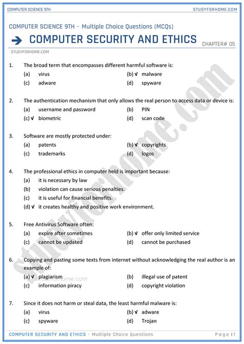 computer security and ethics mcqs computer science 9th