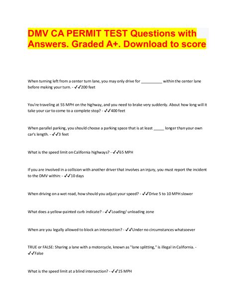 Dmv Ca Permit Test Questions With Answers Graded A Download To Score