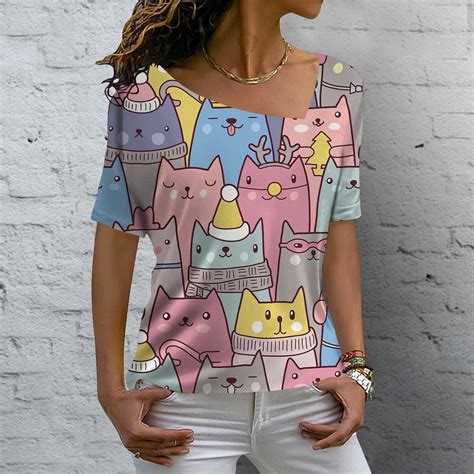 스큐 칼라 여성 티셔츠 그래픽 프린트 반팔 상의 귀여운 고양이 카와이 패션 티 스트리트웨어 여성 의류 여름 Aliexpress