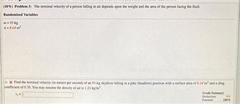 Solved Problem The Terminal Velocity Of A Person Chegg
